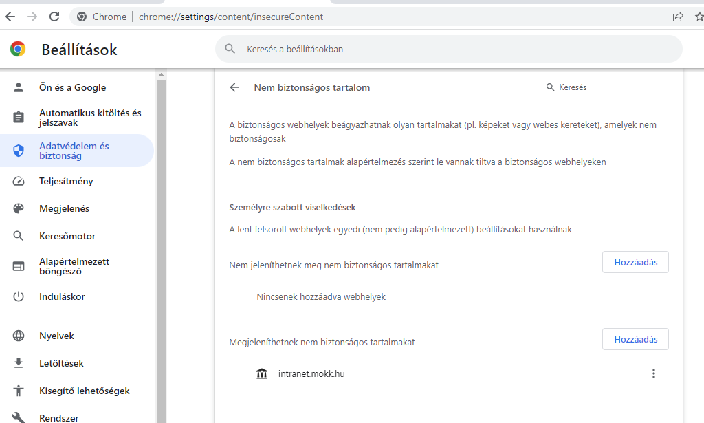 CHROME beállítás fájlok letöltéséhez az intranetről